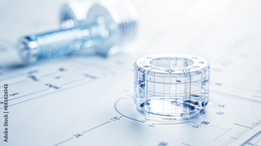 3D transparent parts superimposed on technical engineering drawings ...