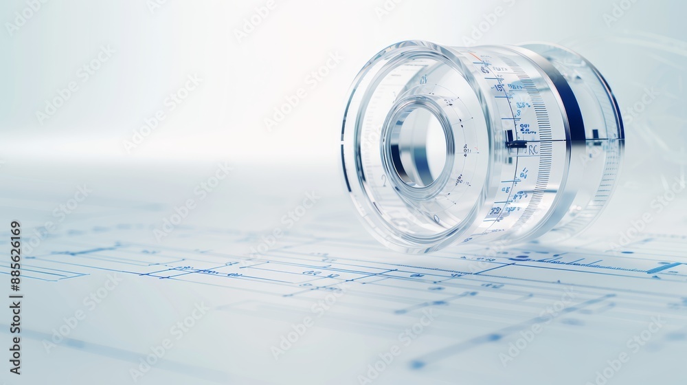 3D transparent parts superimposed on technical engineering drawings ...
