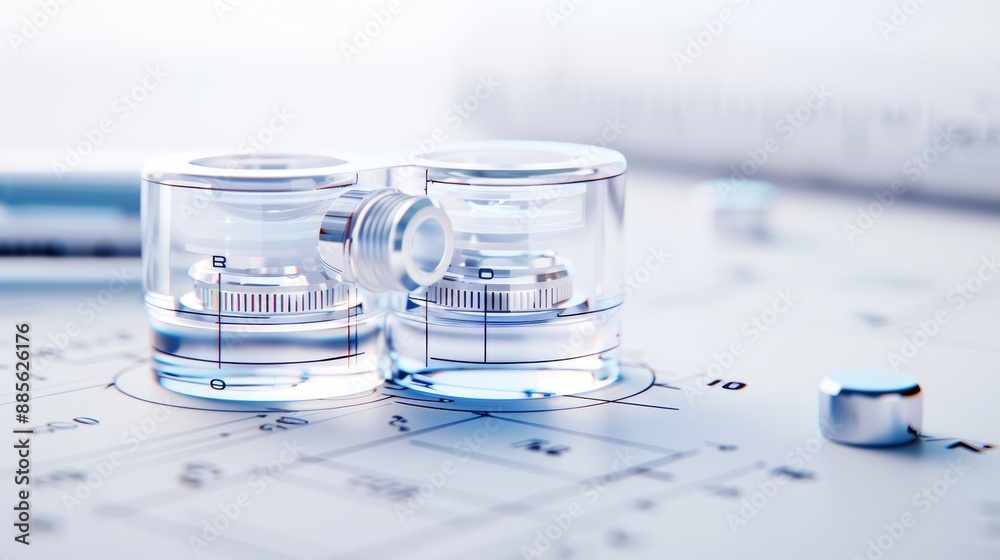 3D transparent parts superimposed on technical engineering drawings ...