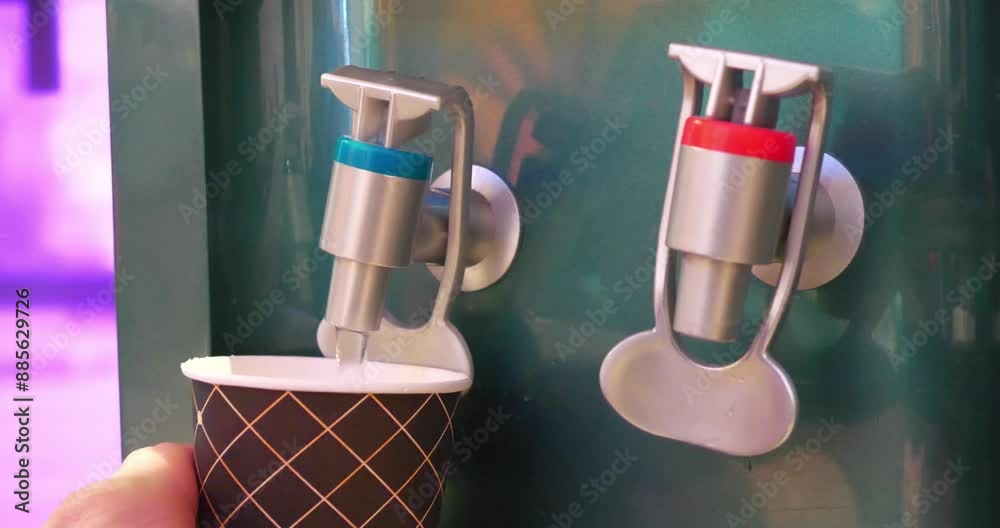 Office employee using water cooler to drink. Male hand holding paper ...