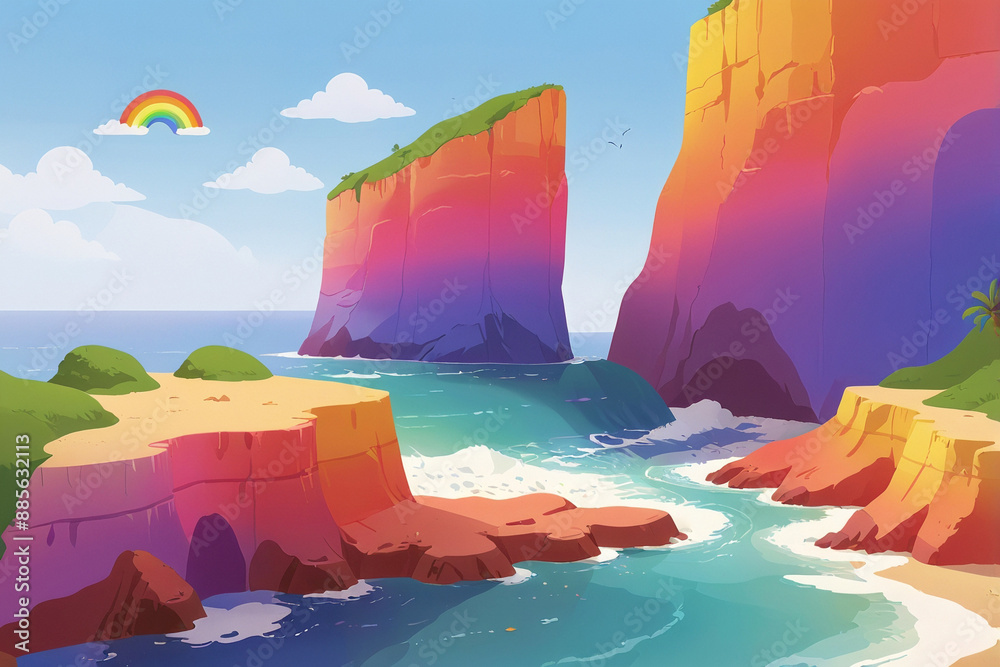 Coastal Erosion with Rainbow-Colored Cliffs and Beaches Stock ...