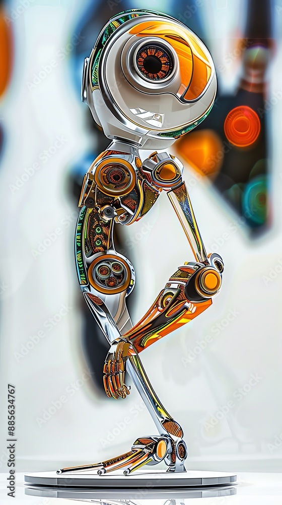 AI robot with a single eye made of metal and glass. The robot is ...