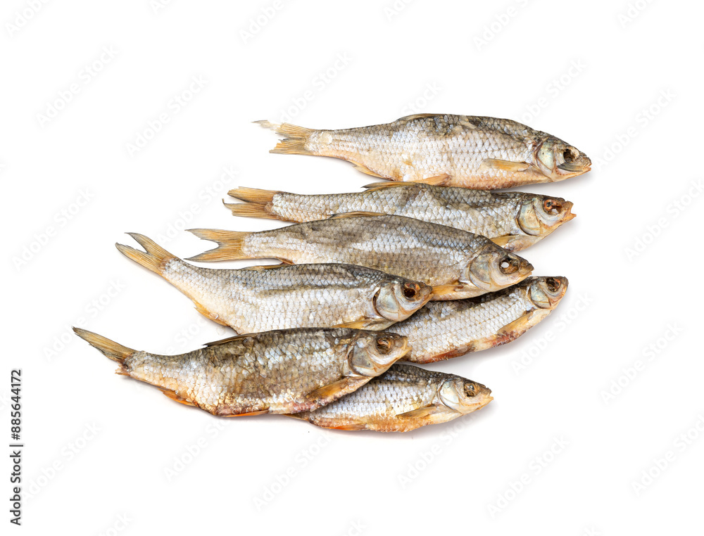 Dry roach, salted fish isolated, dried rutilus, taranka beer snack ...
