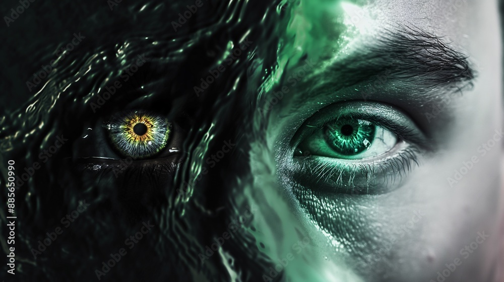 Dark Green color Water Waves Over Human Face, half of human face under ...