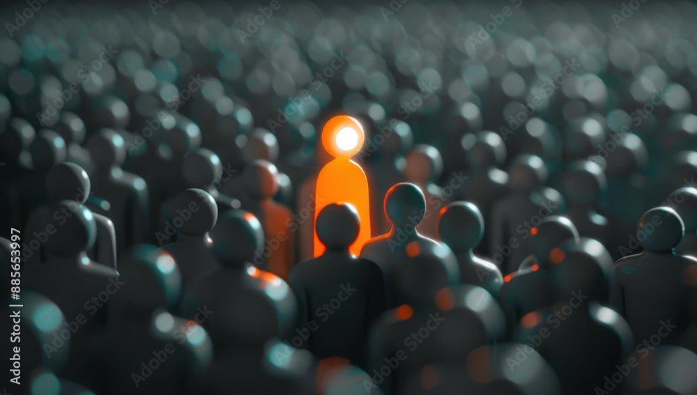 A glowing figure stands out among many grey figures, symbolizing the ...