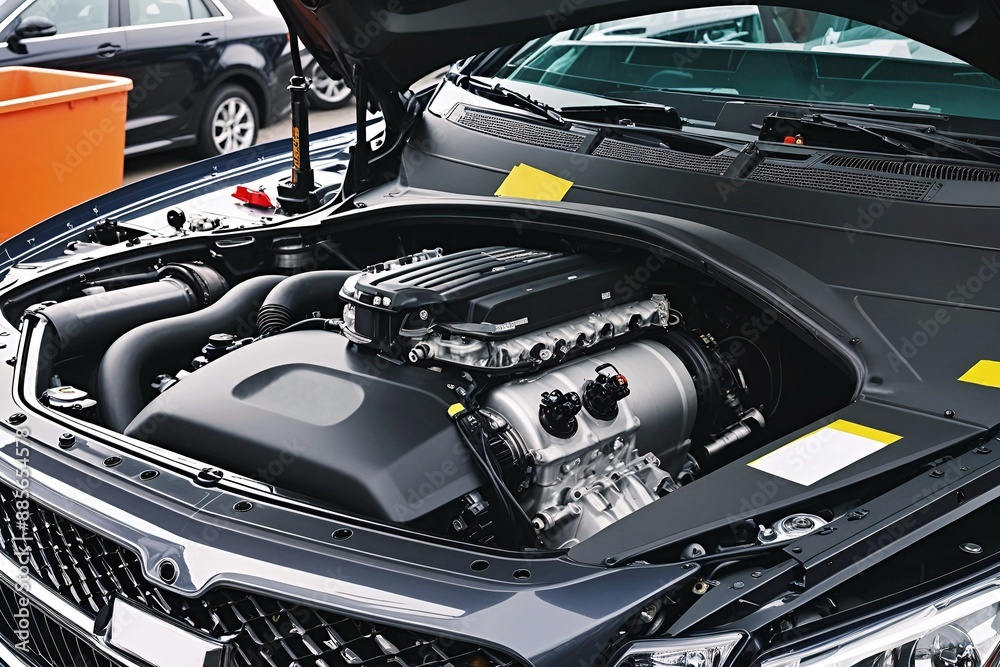 New modern engine bay under opened engine cover. Engine bay of modern ...