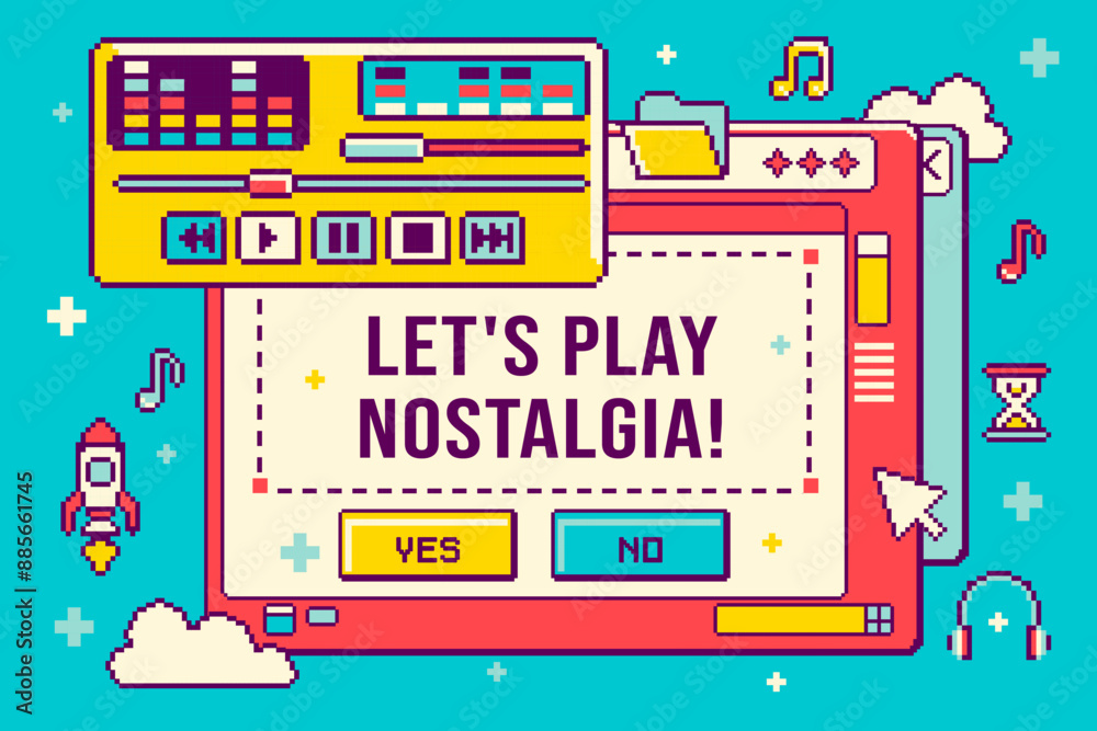Fun "Back to 90's music" aesthetic. Nostalgia Pixel art style computer ...