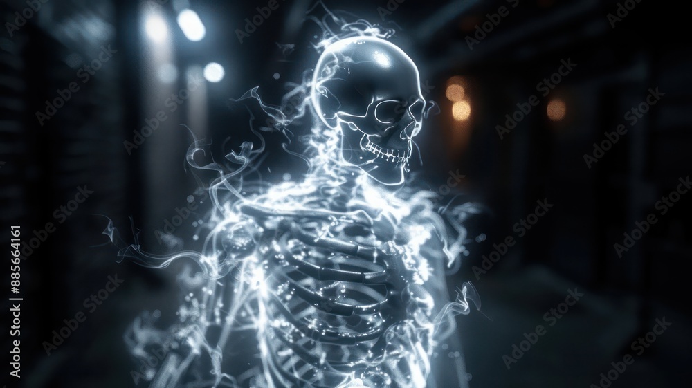 A skeleton is shown in a dark room with smoke and fire surrounding it ...