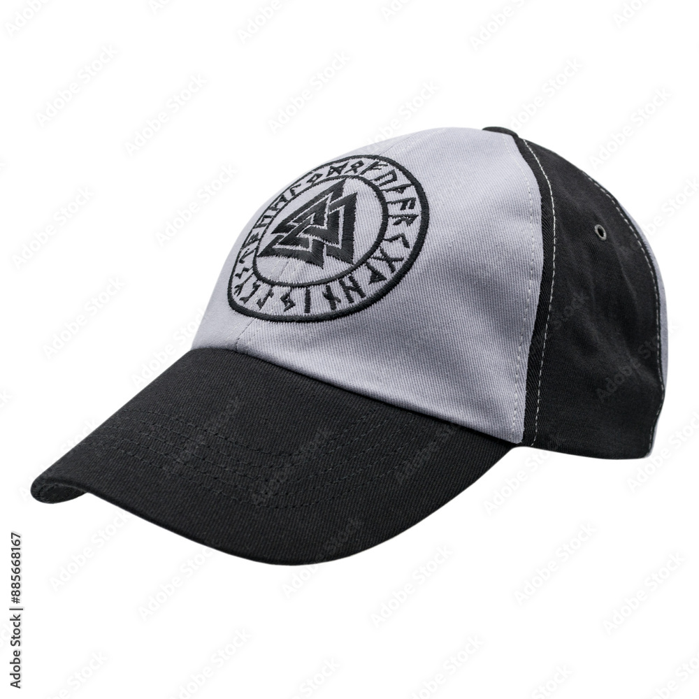 Gray black cap with Valknut in a runic circle. Runic symbols, not text ...