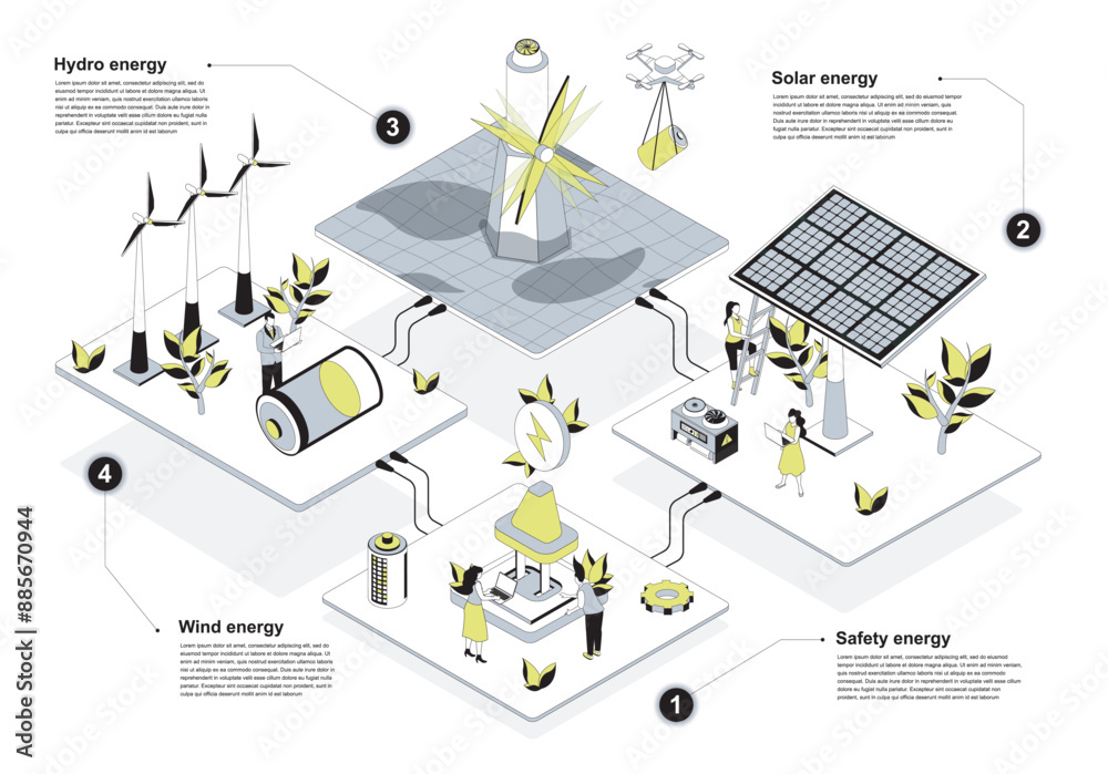 Green energy 3d isometric concept in outline design for web. People ...