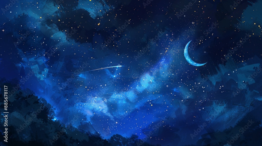 Night sky with crescent moon and shooting star. Dreamy night sky with a ...