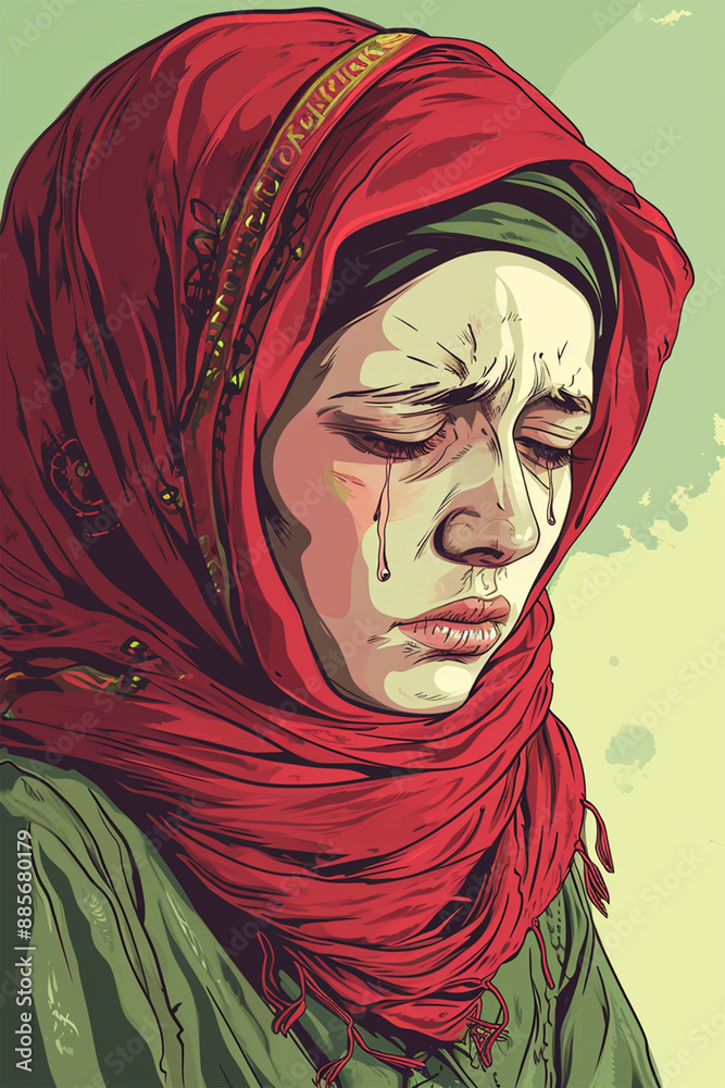 Illustration of a Sad Islamic Teenage Girl Captured in Emotional Detail ...
