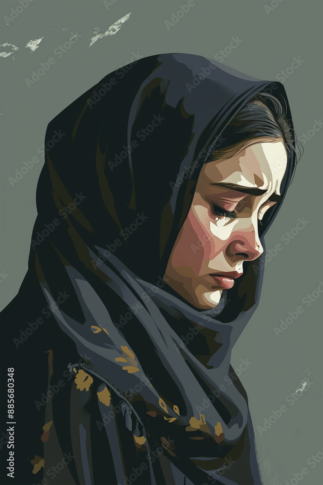 Illustration of a Sad Islamic Teenage Girl Captured in Emotional Detail ...