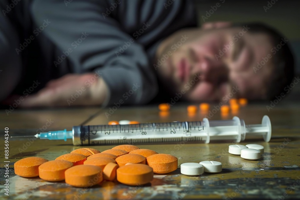 Close-up of a man sleeping on the floor with a syringe and pills ...