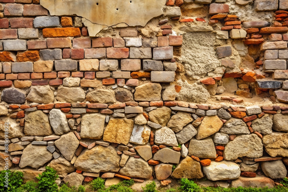 Ancient stone wall stands weathered, bearing the scars of time with ...