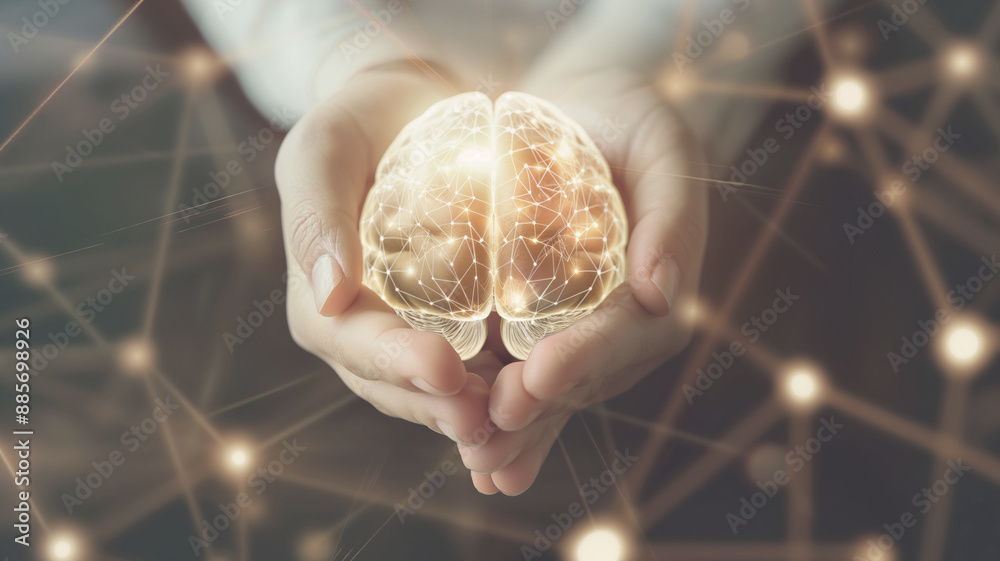 Hands holding a glowing digital brain with neural network connections ...