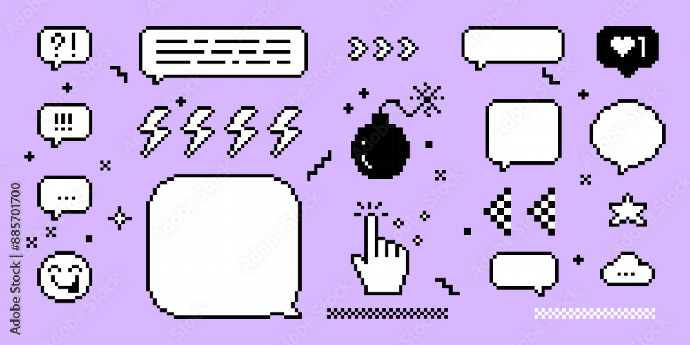 Empty pixelated speech bubbles. Pixels bomb. Lightning. Set of boom bam ...