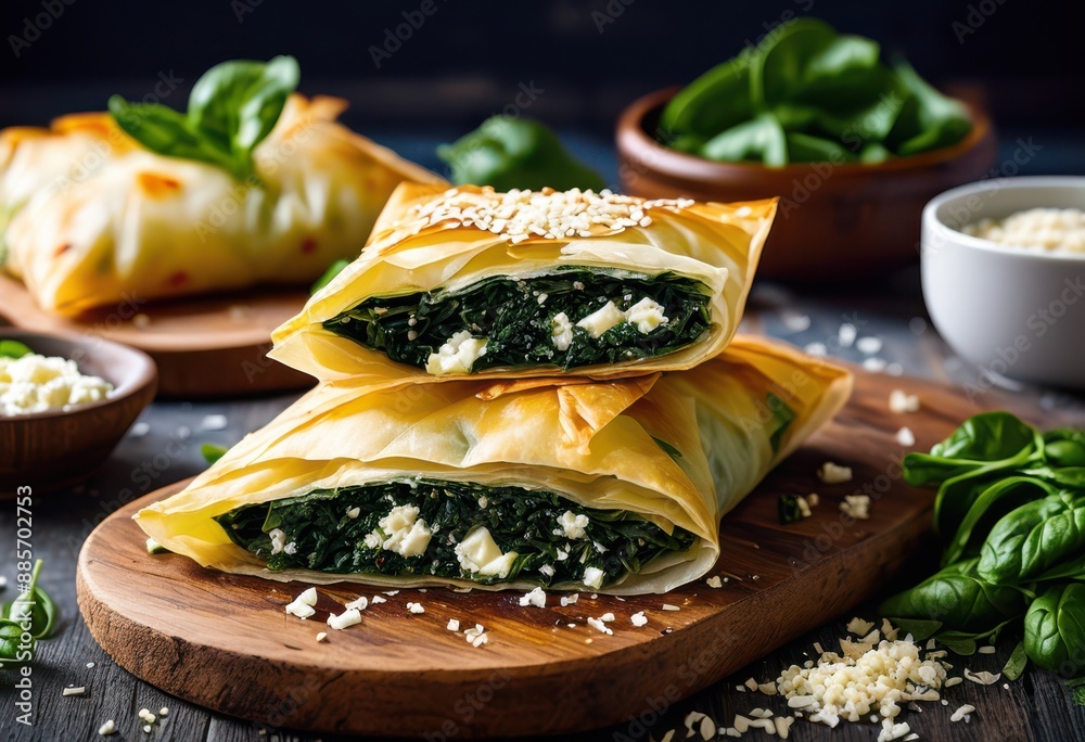 flaky spinach feta stuffed filo pastry delicacy, baked, crispy, golden ...