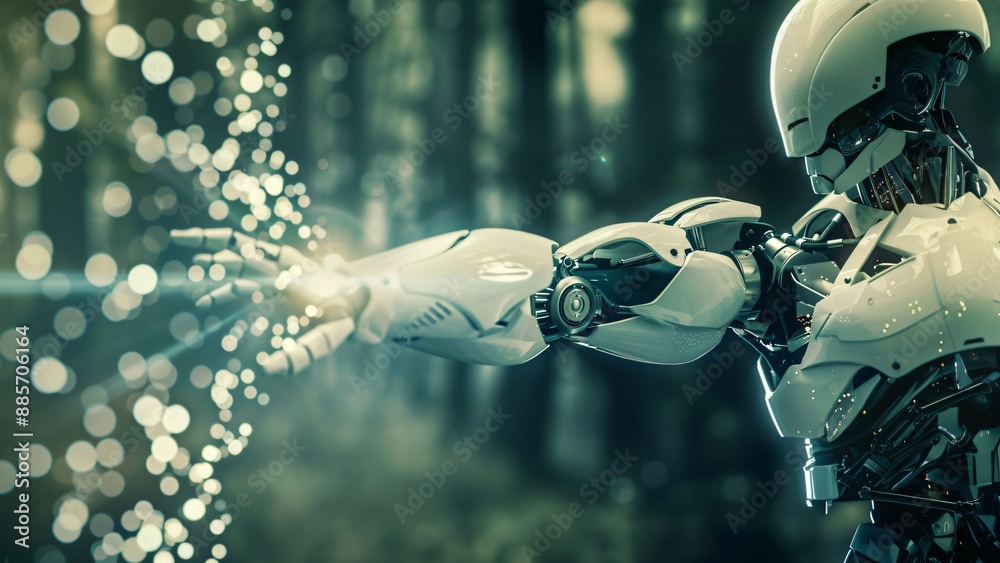 humanoid robot are flying pointing finger touching on innovation and ...