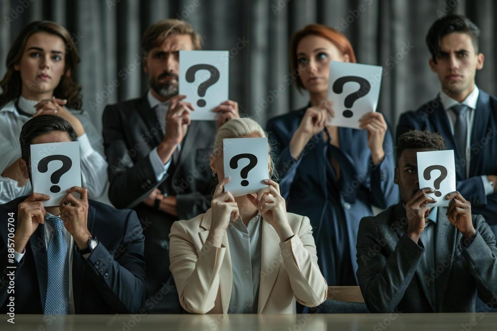 diverse group of businesspeople holding question mark signs in front of ...