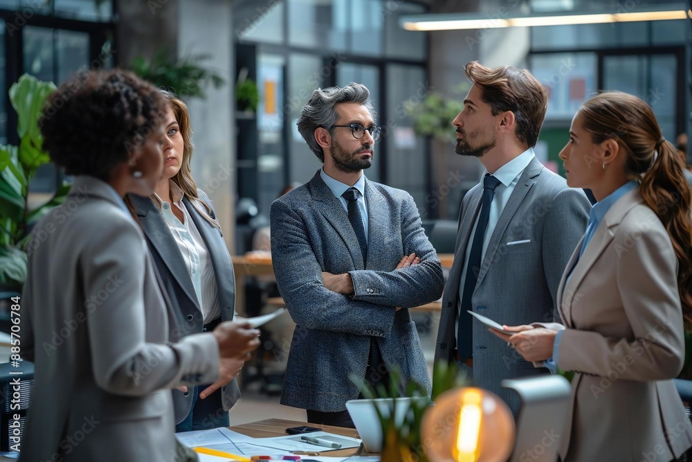 diverse group of businesspeople conducting a job interview with a man ...