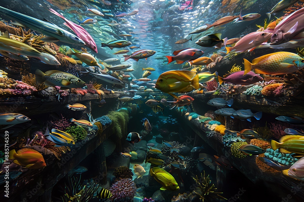 A fish eye view of a colorful fish marketplace beneath the sea, with ...