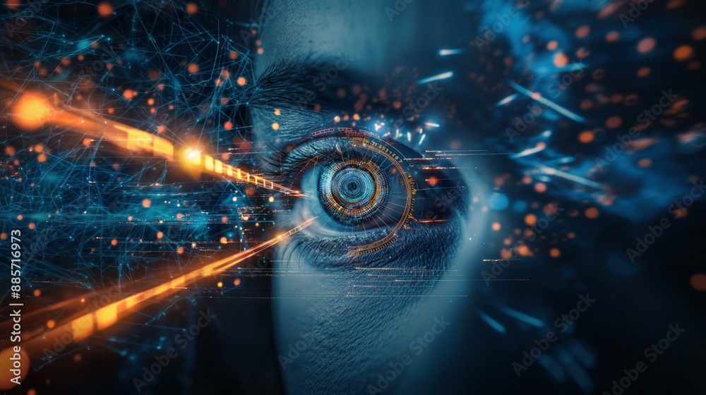 Closeup of human eye with future augmented reality contact lenses ...