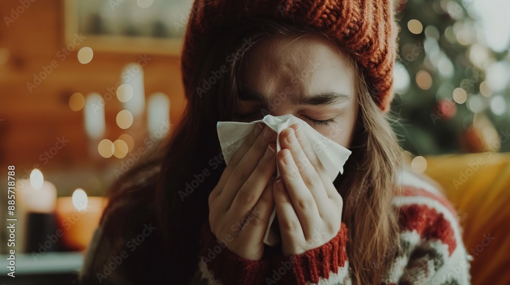 Person with a runny nose and tissues, capturing the discomfort and ...