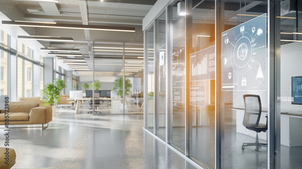 A modern corporate office with a digital dashboard displaying icons of ...