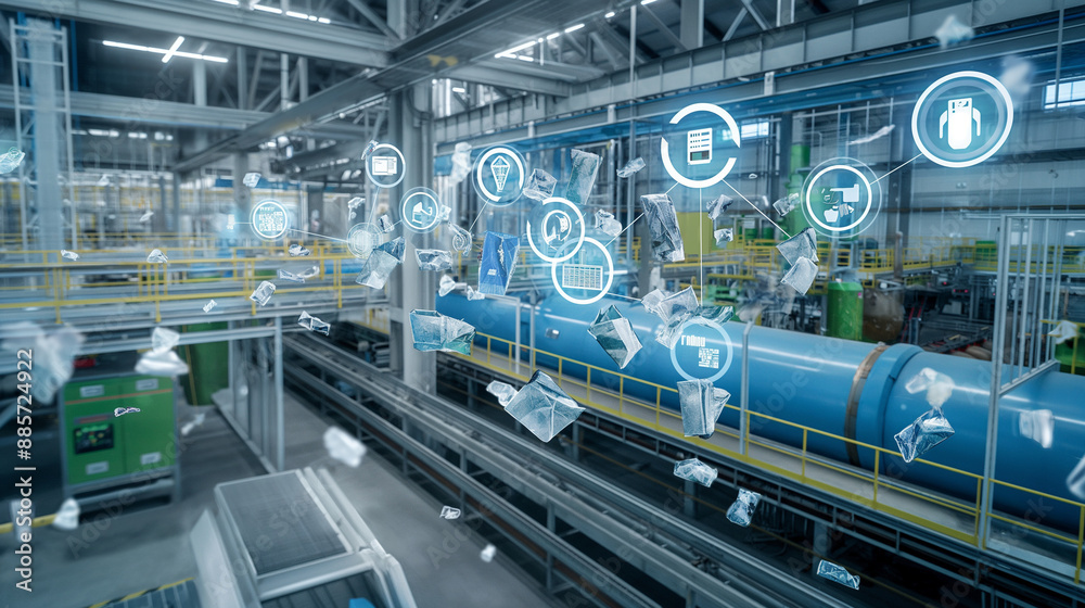 A state-of-the-art manufacturing facility with digital icons ...