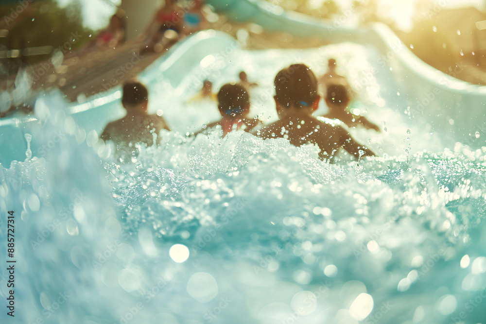 Kids splashing down a water slide at a waterpark, capturing the thrill ...