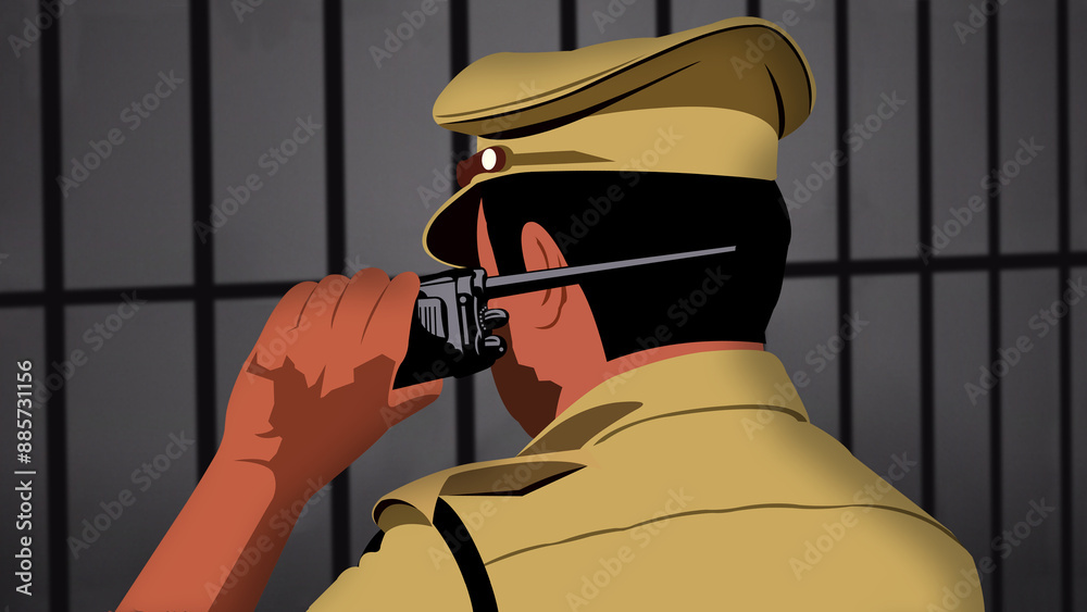 Indian police officer IN front of lockup, police officer back view ...