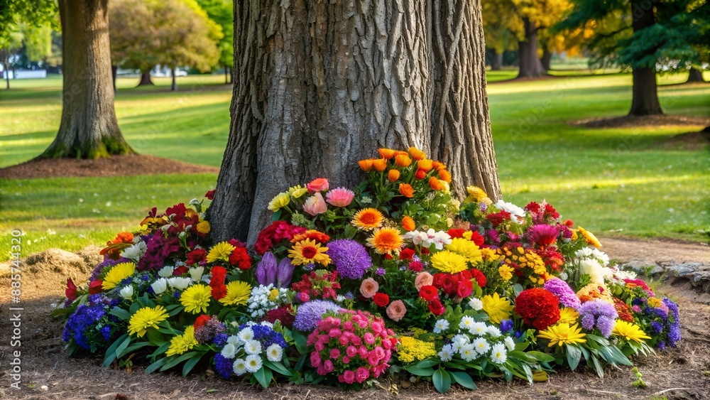 cluster of colorful flowers surrounds the base of tall tree, serving as ...
