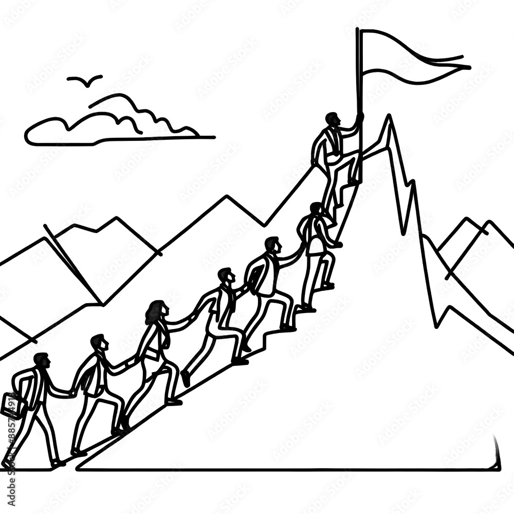 United We Climb, Single Continuous Line Drawing of Team Members ...