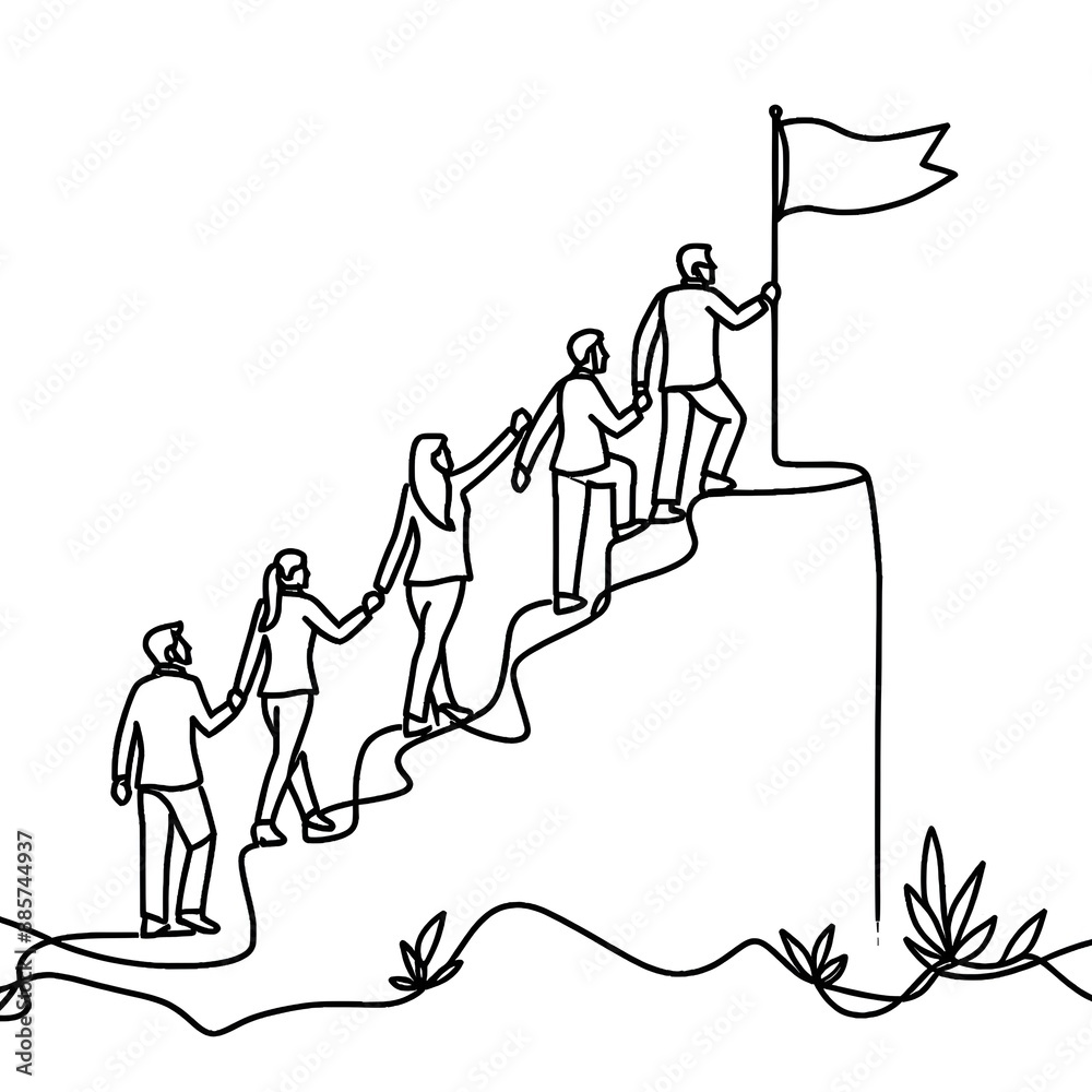 United We Climb, Single Continuous Line Drawing of Team Members ...