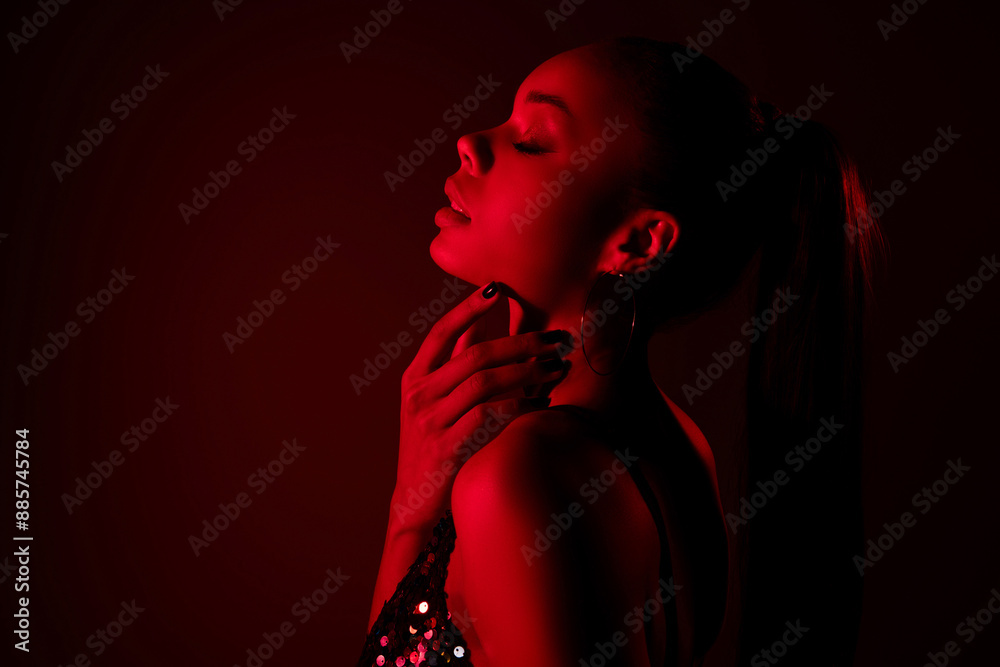 Profile side photo of attractive african girl touch face feel flirty ...