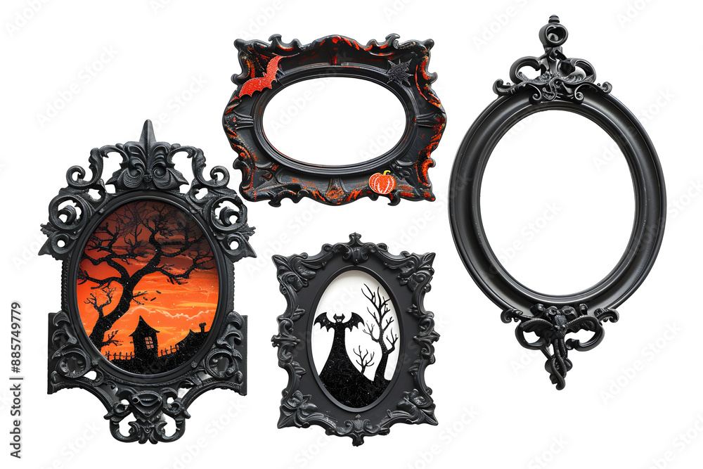 Halloween set of antique baroque black wooden oval picture frames ...