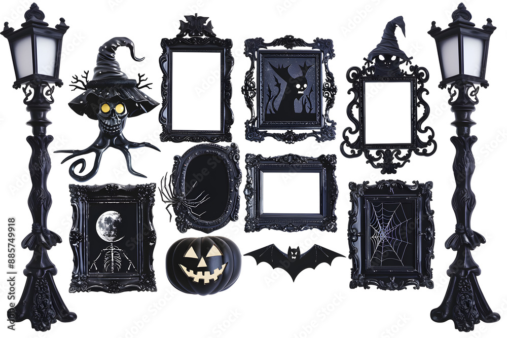 Set of antique halloween picture frames with holiday elements isolated ...