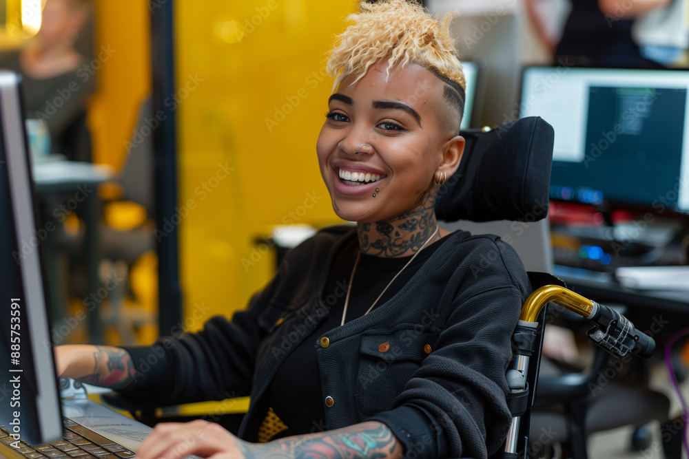 Foto de Disabled black female employee with tattoos sitting in a ...