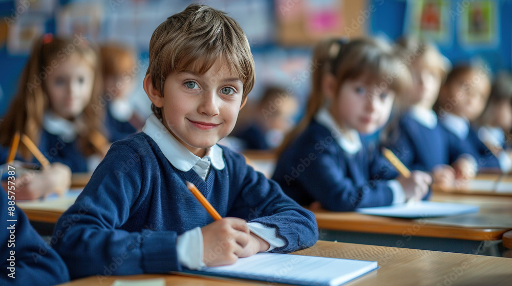 Primary school children in blue uniform in the classroom writing in ...