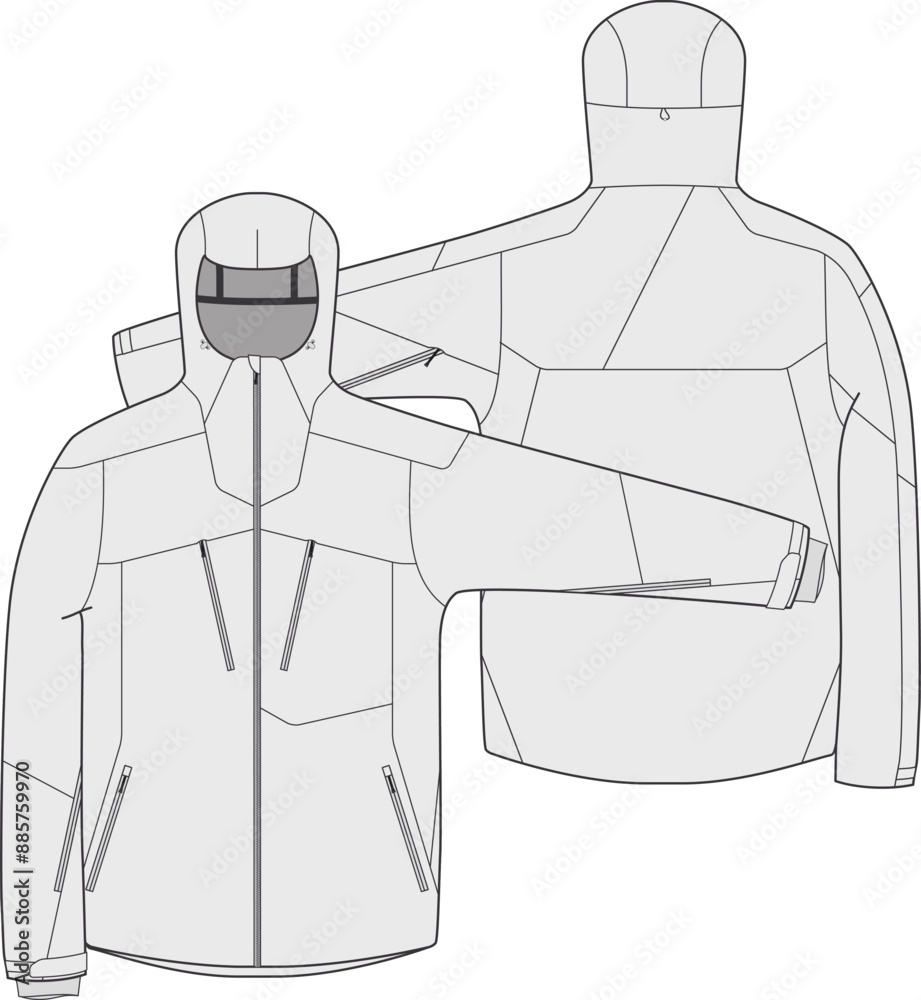 Hooded Hard Shell Ski Jacket Design Vector CAD Template fashion illustration front and back ...