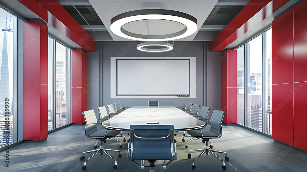 a modern conference room with a large whiteboard at the center, flanked ...