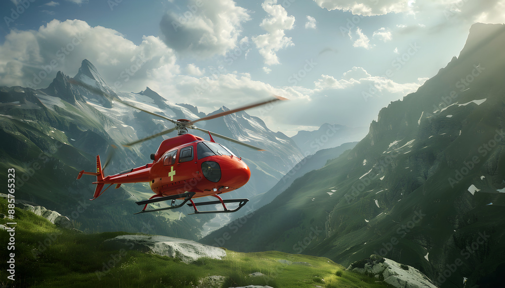 Rescue Red Helicopter with white cross. Helicopter in fly action above ...
