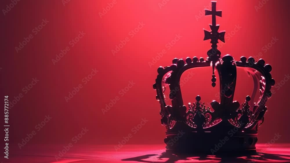 A majestic crown sits in silhouette against a vivid red background. The ...