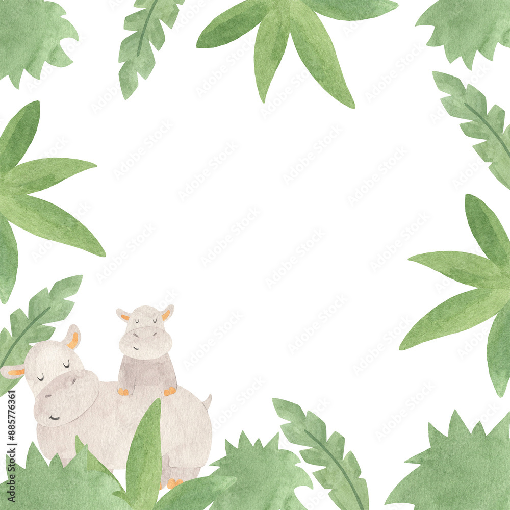 Watercolor hand drawn illustration of frame with palm trees, leaves ...
