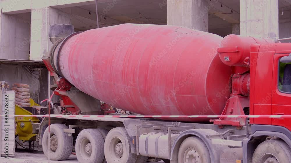 Concrete Mixer Truck Standing On Construction Site. Concrete Mix ...