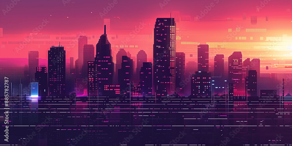 Pixel art retro wave. panorama of big city. wide banner. Space for text ...