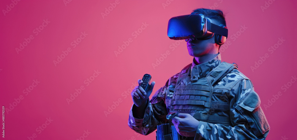 Soldier in futuristic VR glasses isolated on studio background, man ...