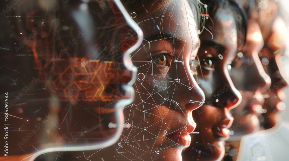 Facial recognition technology, young women with data of AI biometric ...