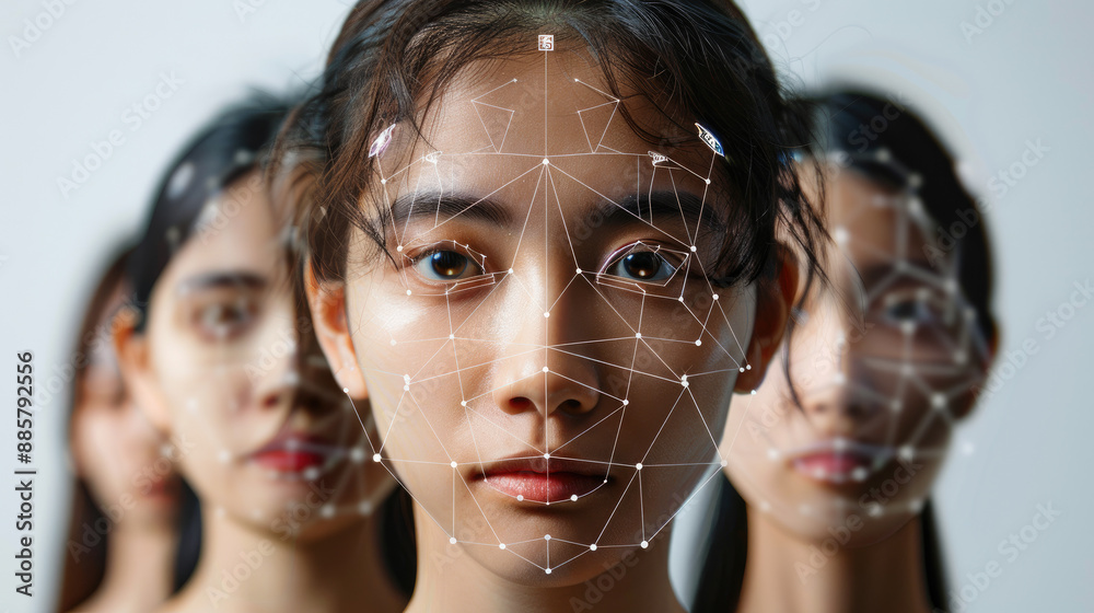 Facial recognition technology, Asian woman with data of AI biometric ...